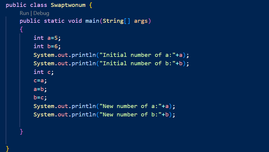Write a program in java to swap two numbers using third variable. Write a program in java to swap two numbers using third variable.